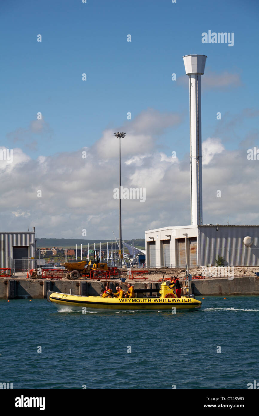 Weymouth Whitewater raft returning to harbour with Sea Life Tower ...