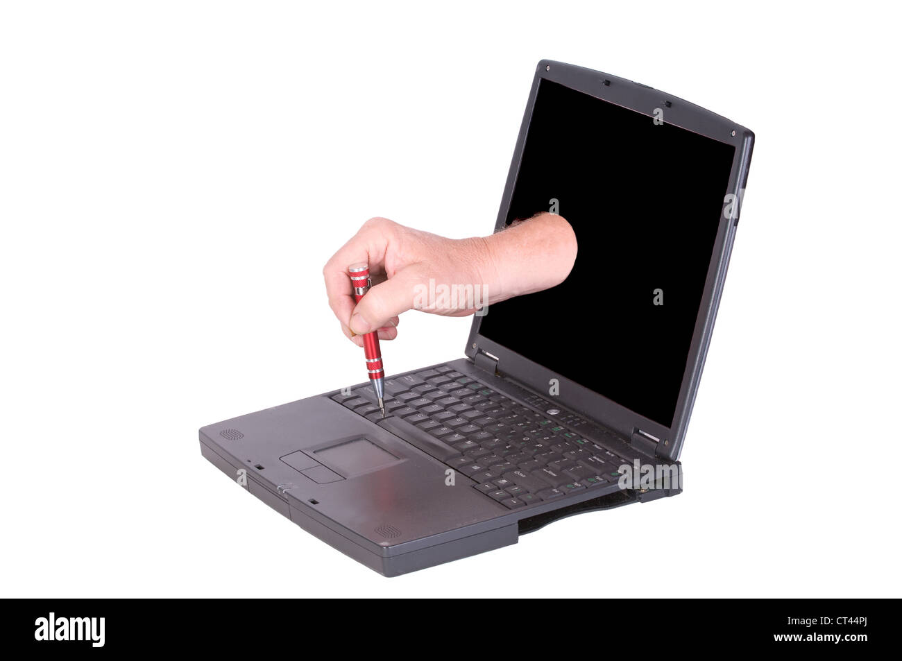hand coming through the laptop screen holding a screwdriver as if self ...