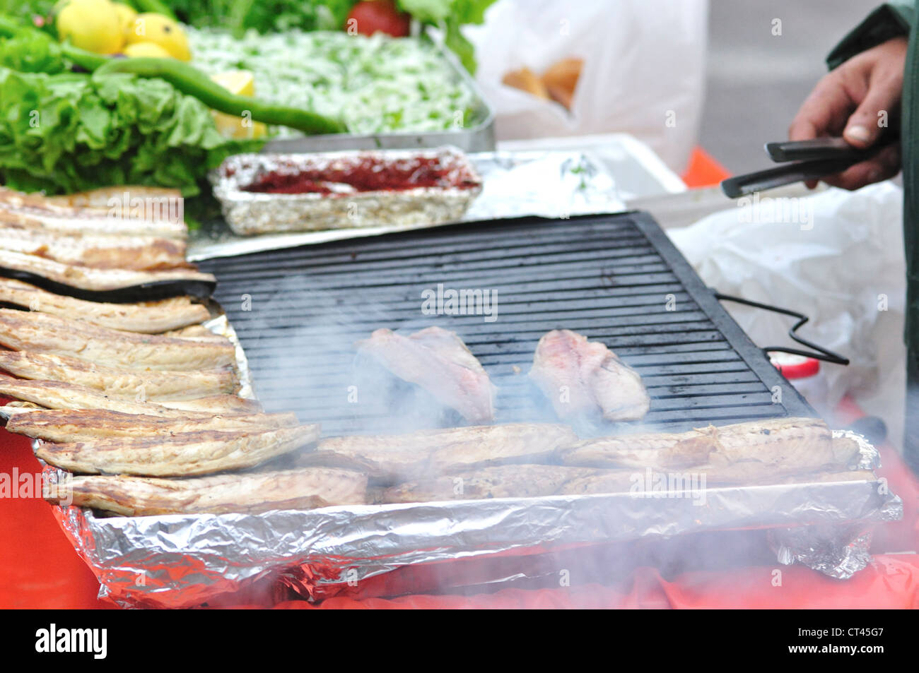 Turkey, Istanbul, Fish Market near Galata Bridge, Fish on Grill Stock ...