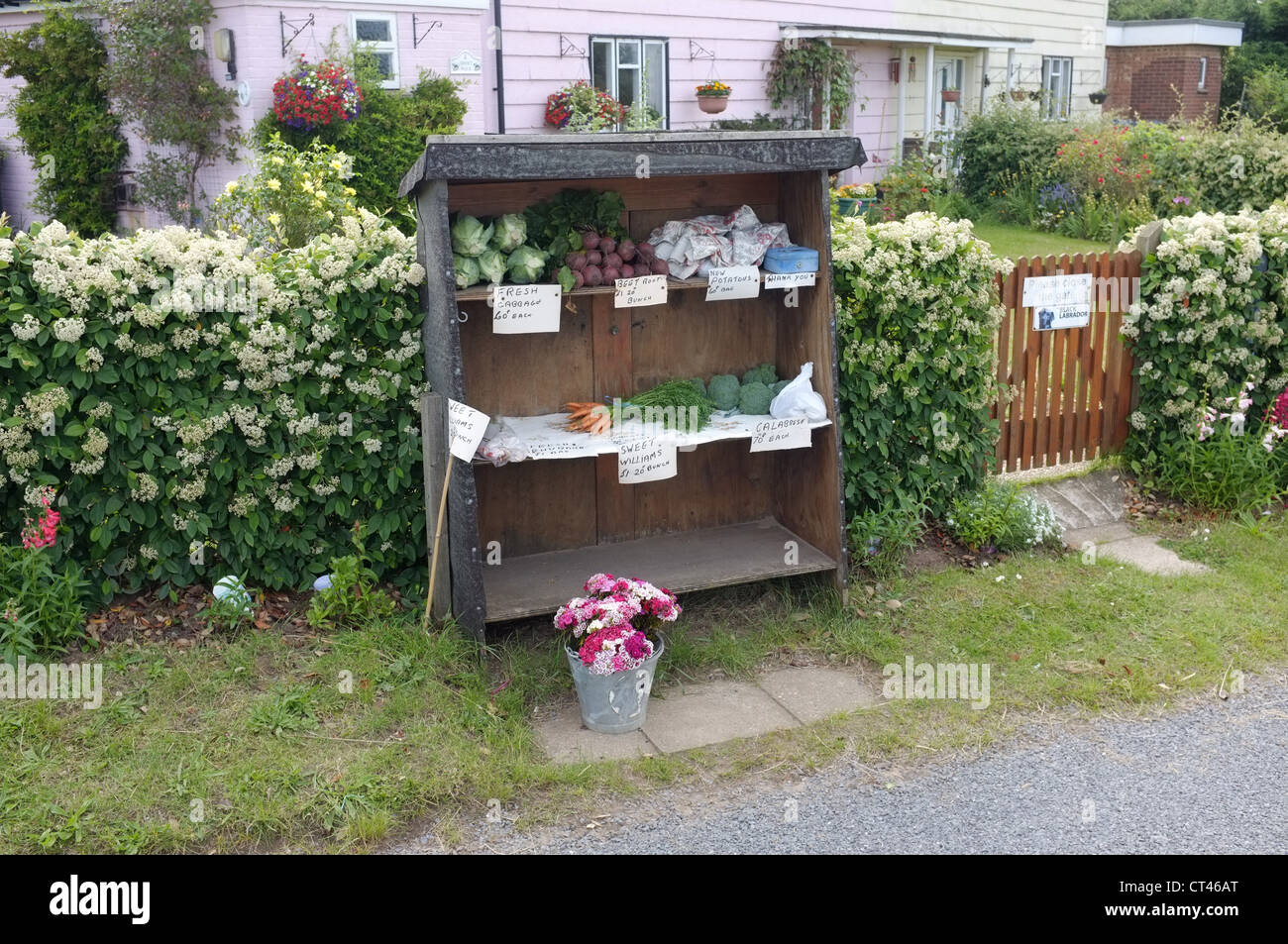 A roadside home grown produce stall with honesty box in Suffolk UK ...