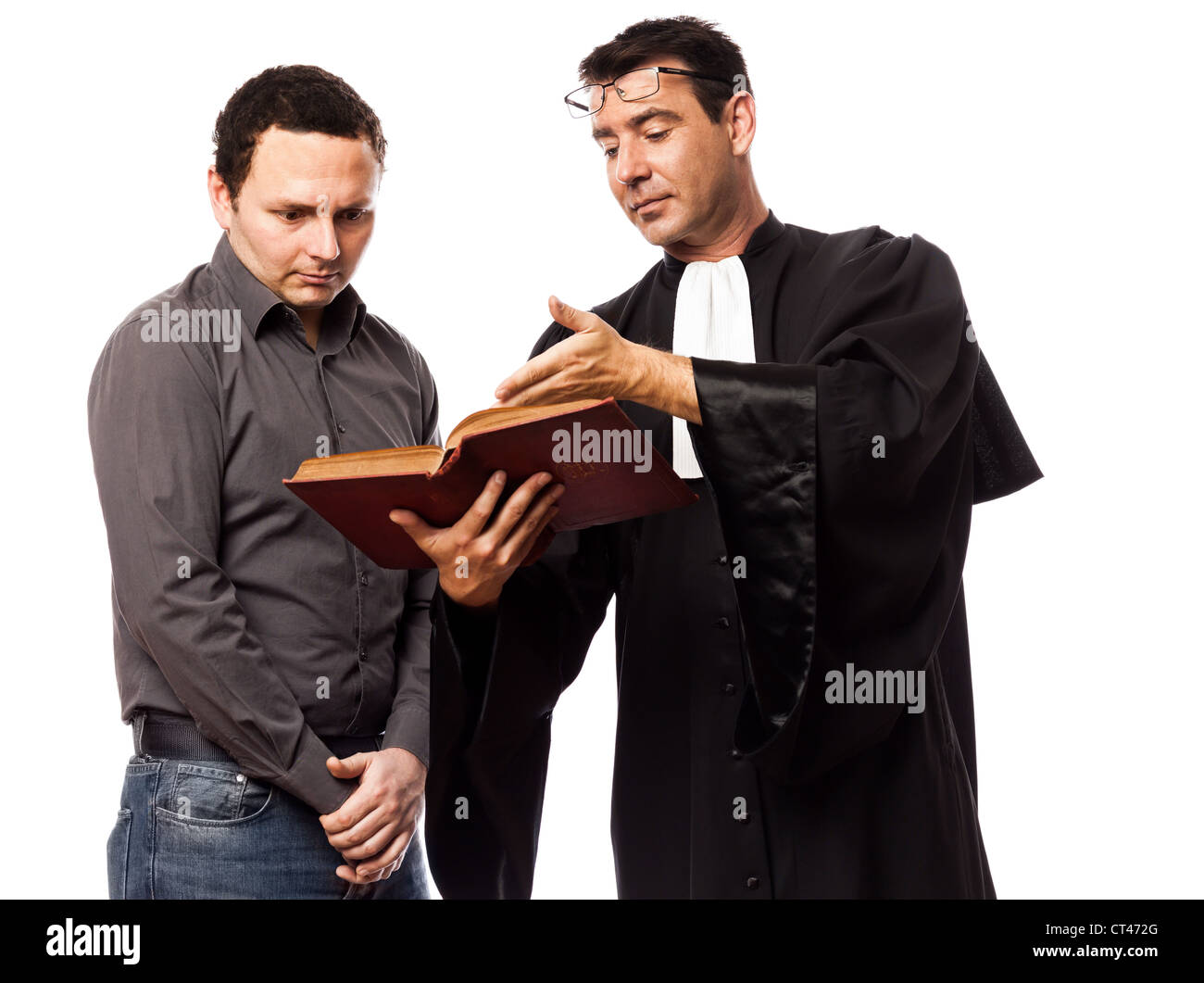 one caucasian lawyer man and his client in studio isolated on white ...