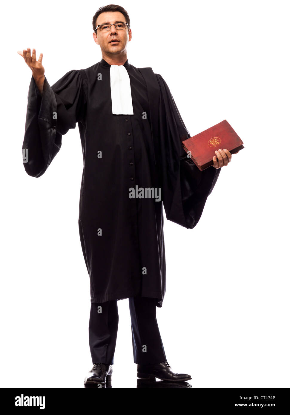 one caucasian lawyer man pleading in studio isolated on white ...