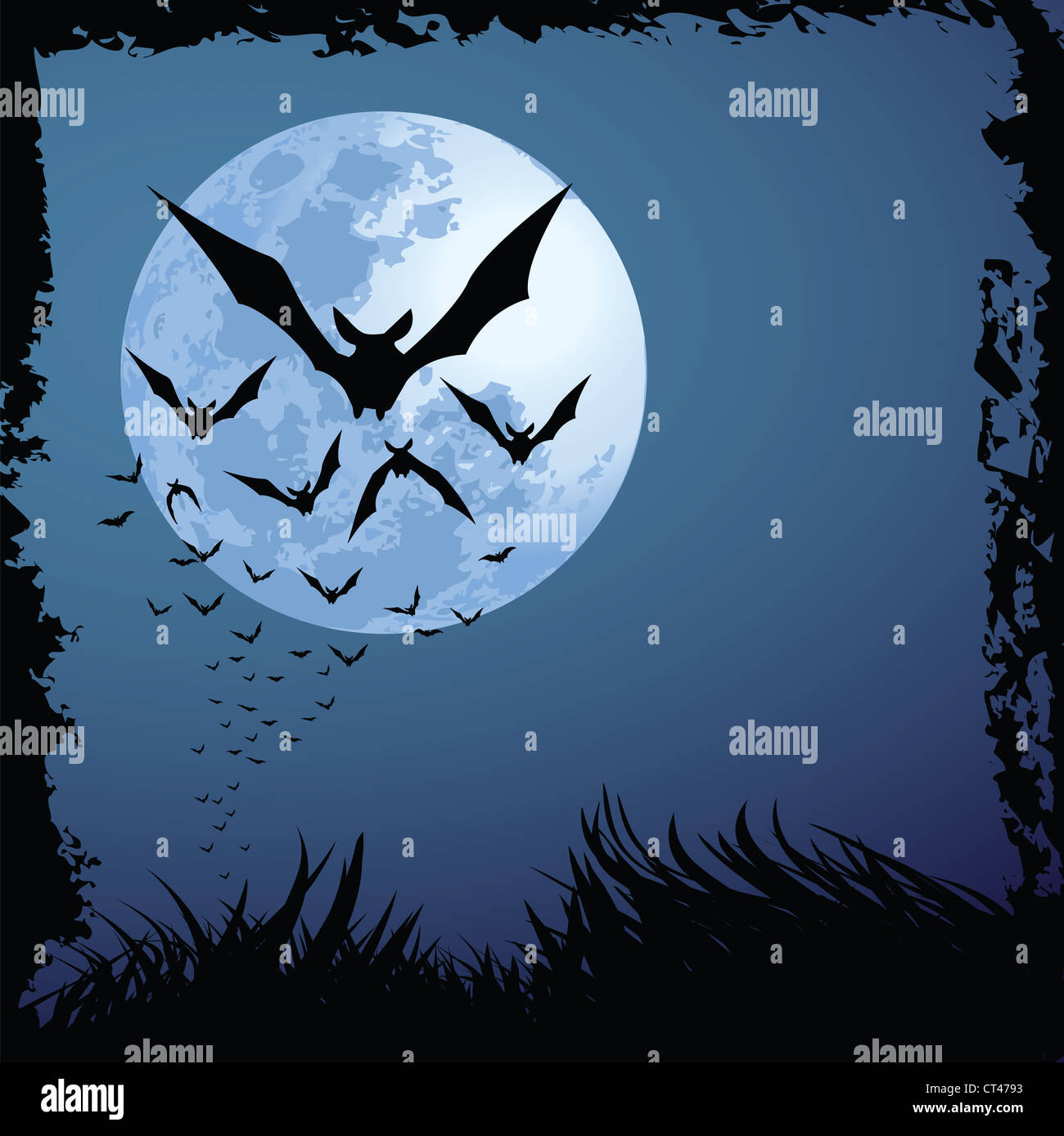 illustrations of halloween night with bats flying over blue moon, with ...