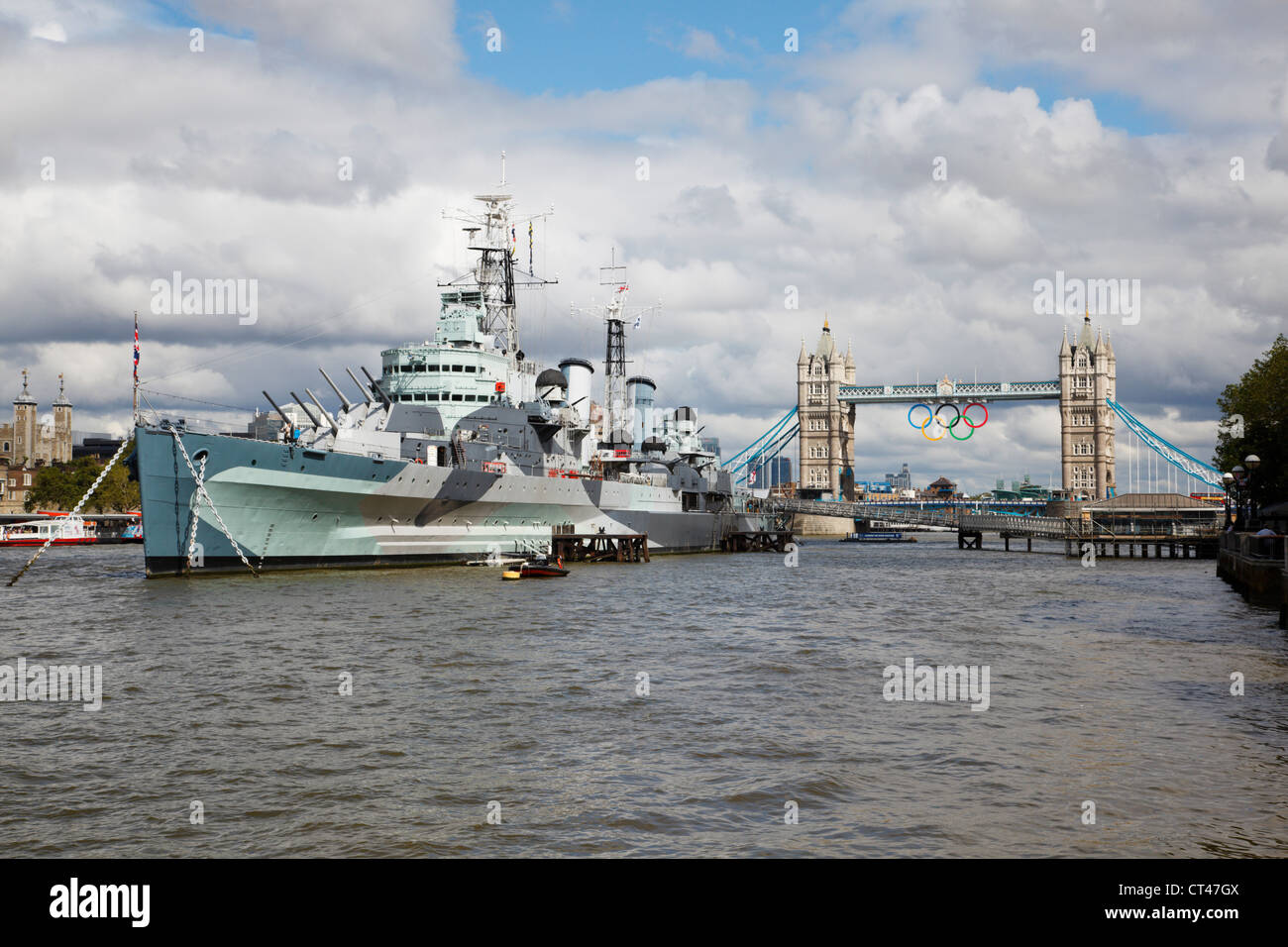 WW2 battleship, HMS Belfast moored on the River Thames, with Tower ...