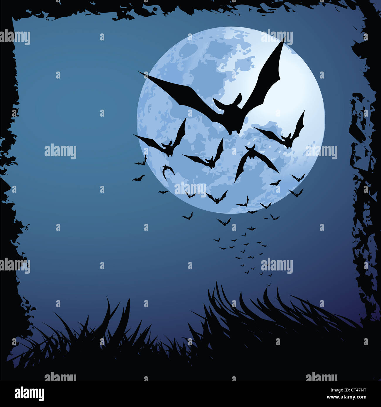 illustrations of halloween night with bats flying over blue moon, with ...