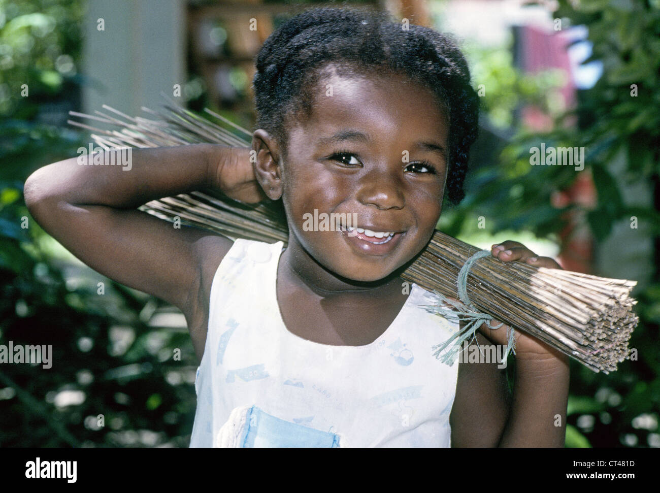 A five year old African American girl gathering reeds for her mother ...