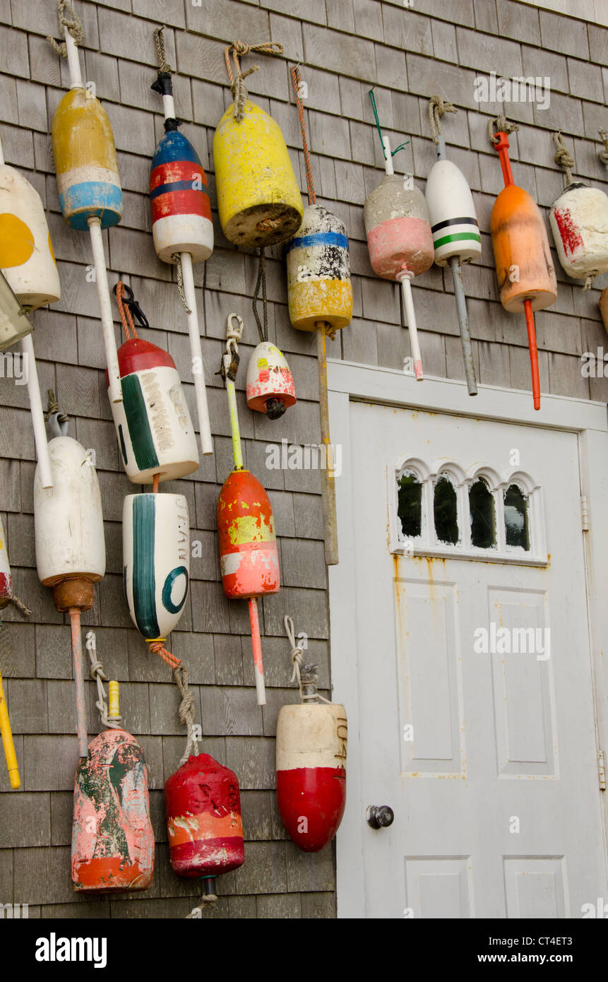 Rhode Island, Block Island. Colorful fishing floats mounted around ...