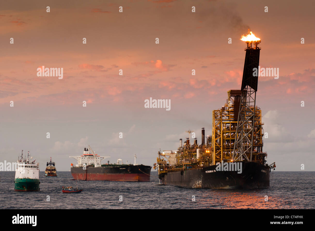 Oil rig FPSO P35 from Petrobras brazilian oil company with tanker ...