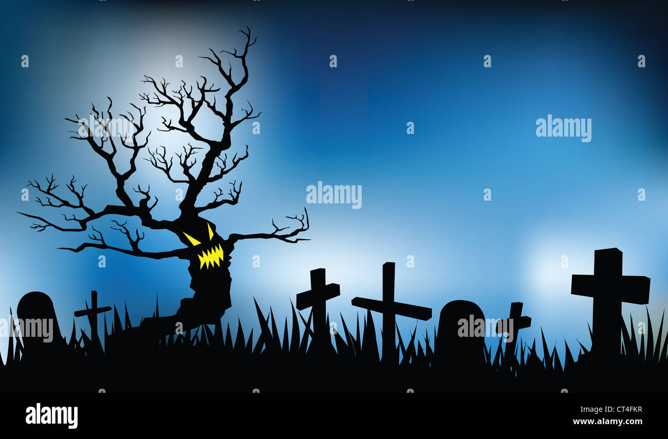 halloween night illustrations, vector format, evil tree in cemetery ...
