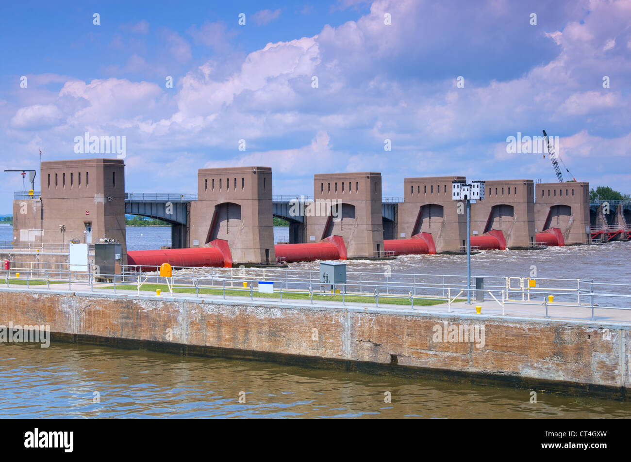 Lock and Dam Number 7 on Upper Mississippi River in La Crescent Minnesota showing main control ...