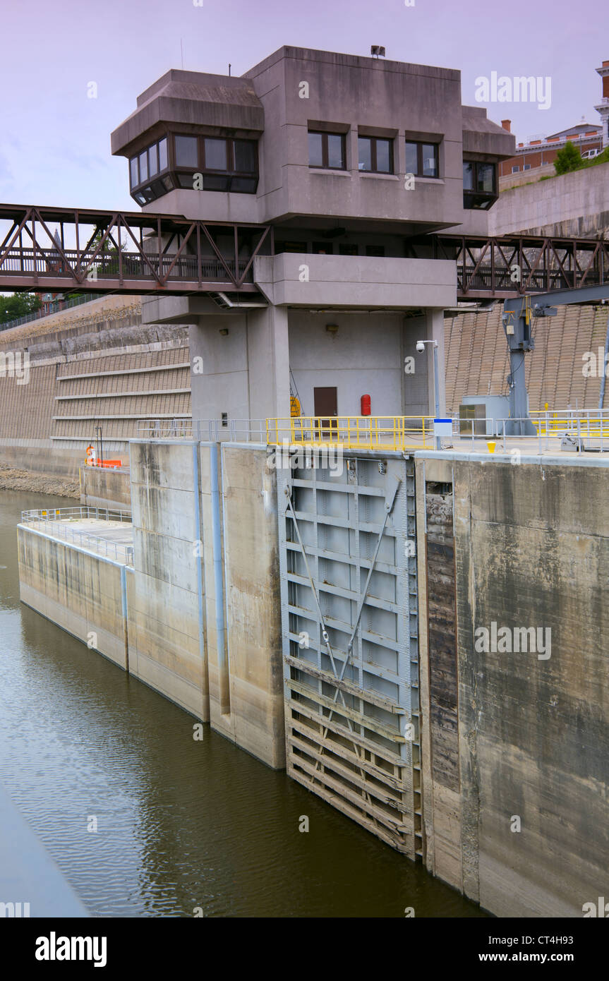 Lock and Dam One Control Tower and truss bridge with lock gate open in ...