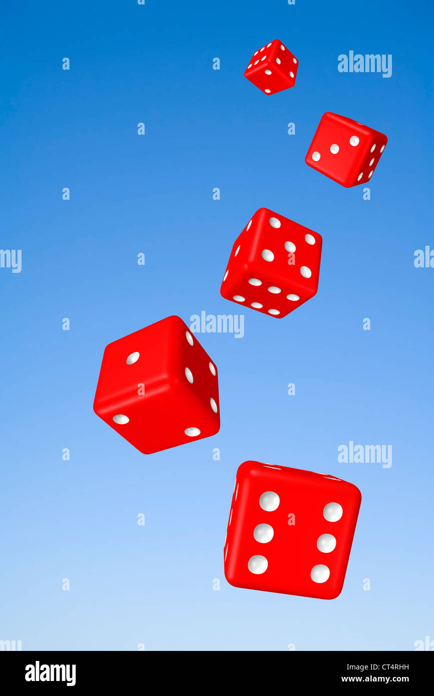 Five tumbling red dice with blue sky background Stock Photo - Alamy