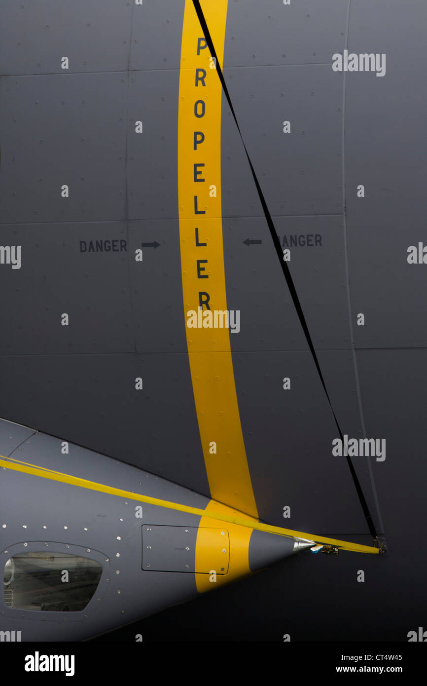 Detail of danger warning signs on the fuselage of an Airbus A400M ...