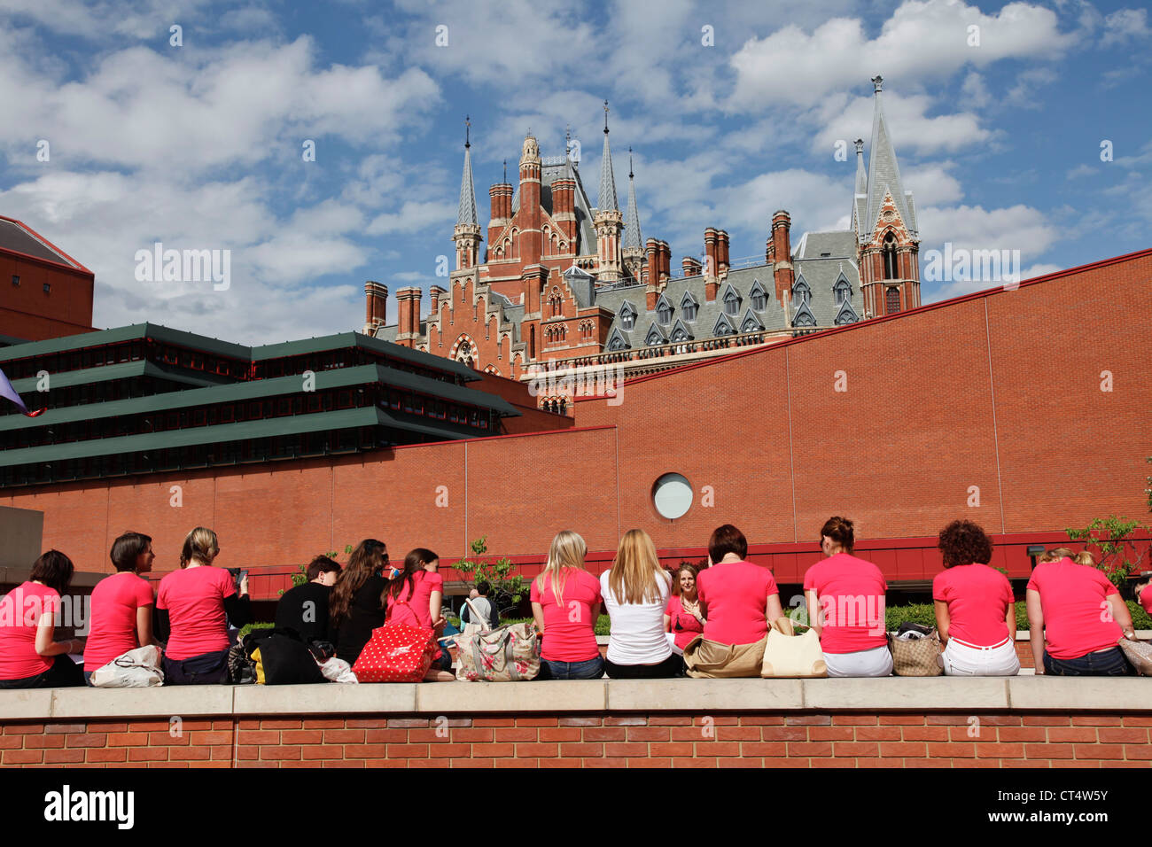 College group meet outside British Library with St. Pancras station in ...