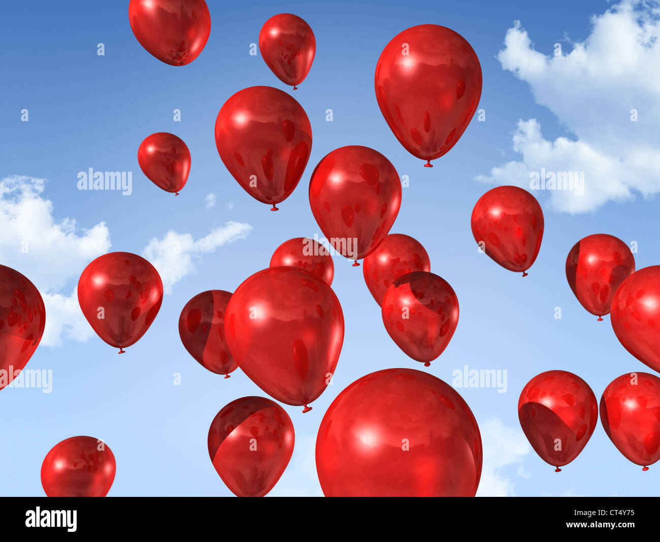 red air balloons floating on a blue sky Stock Photo - Alamy