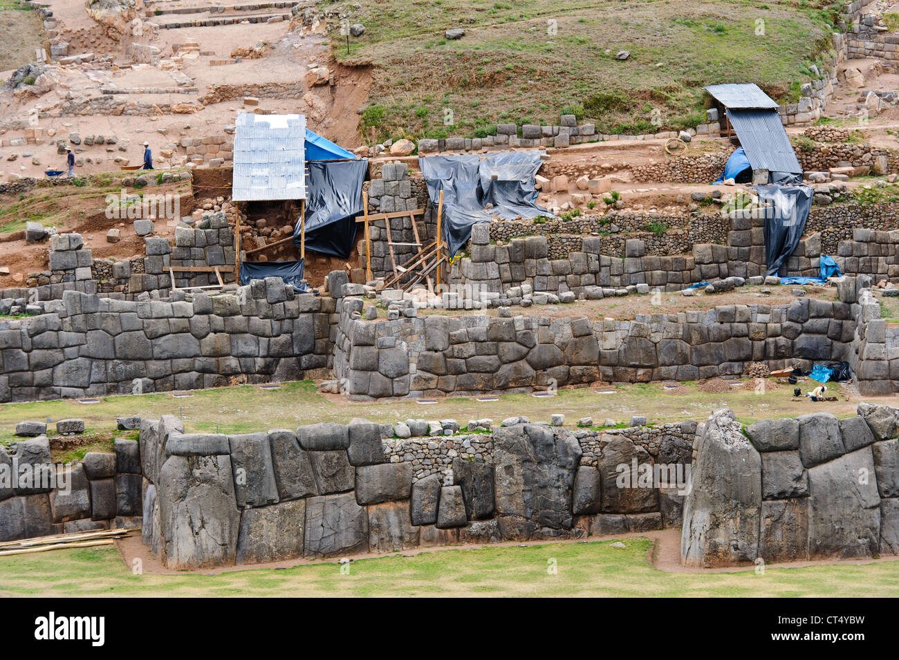 Excavation and restoration work at the Inca ruins of Sacsayhuamán ...