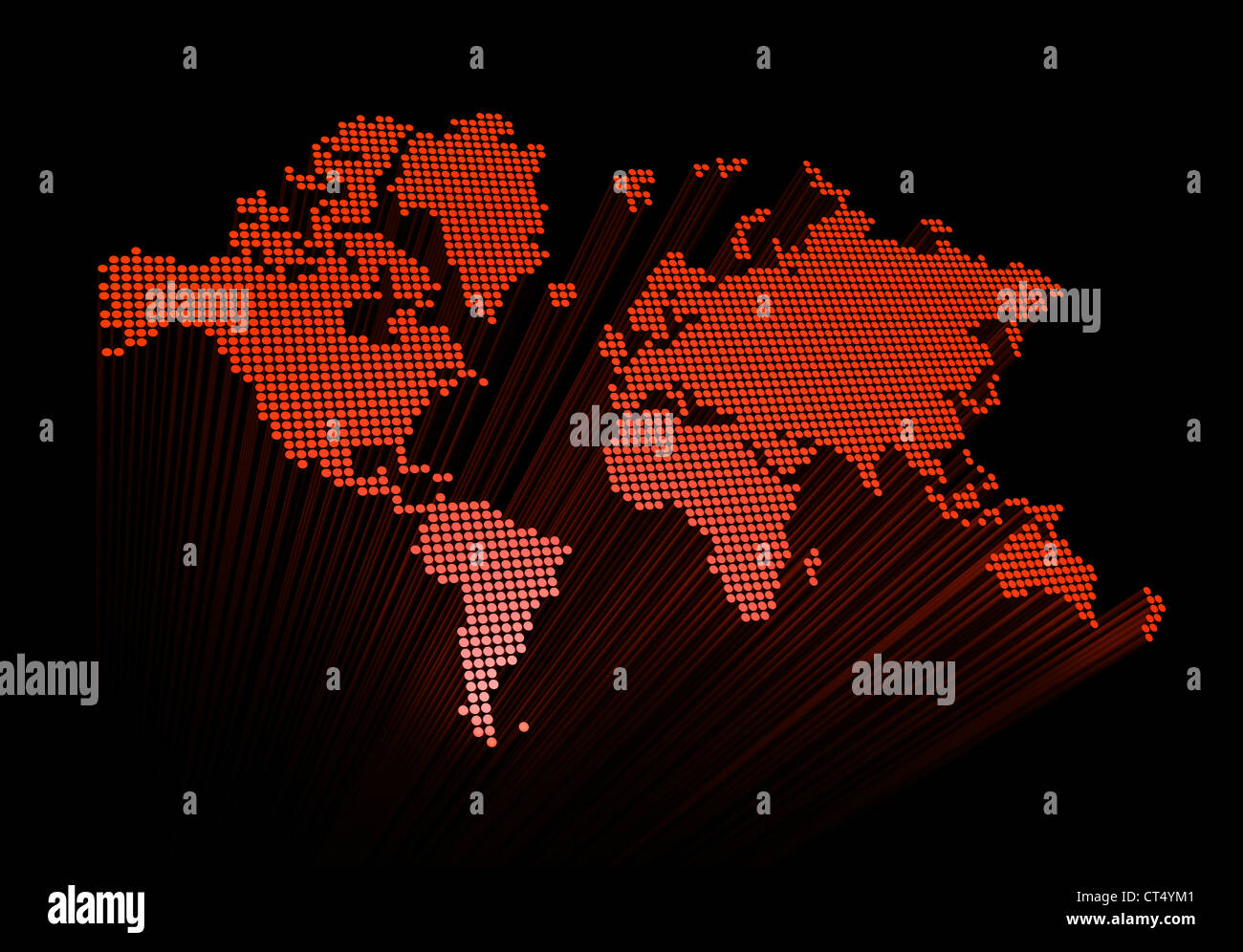 three dimensional red spotted world map isolated on black background ...