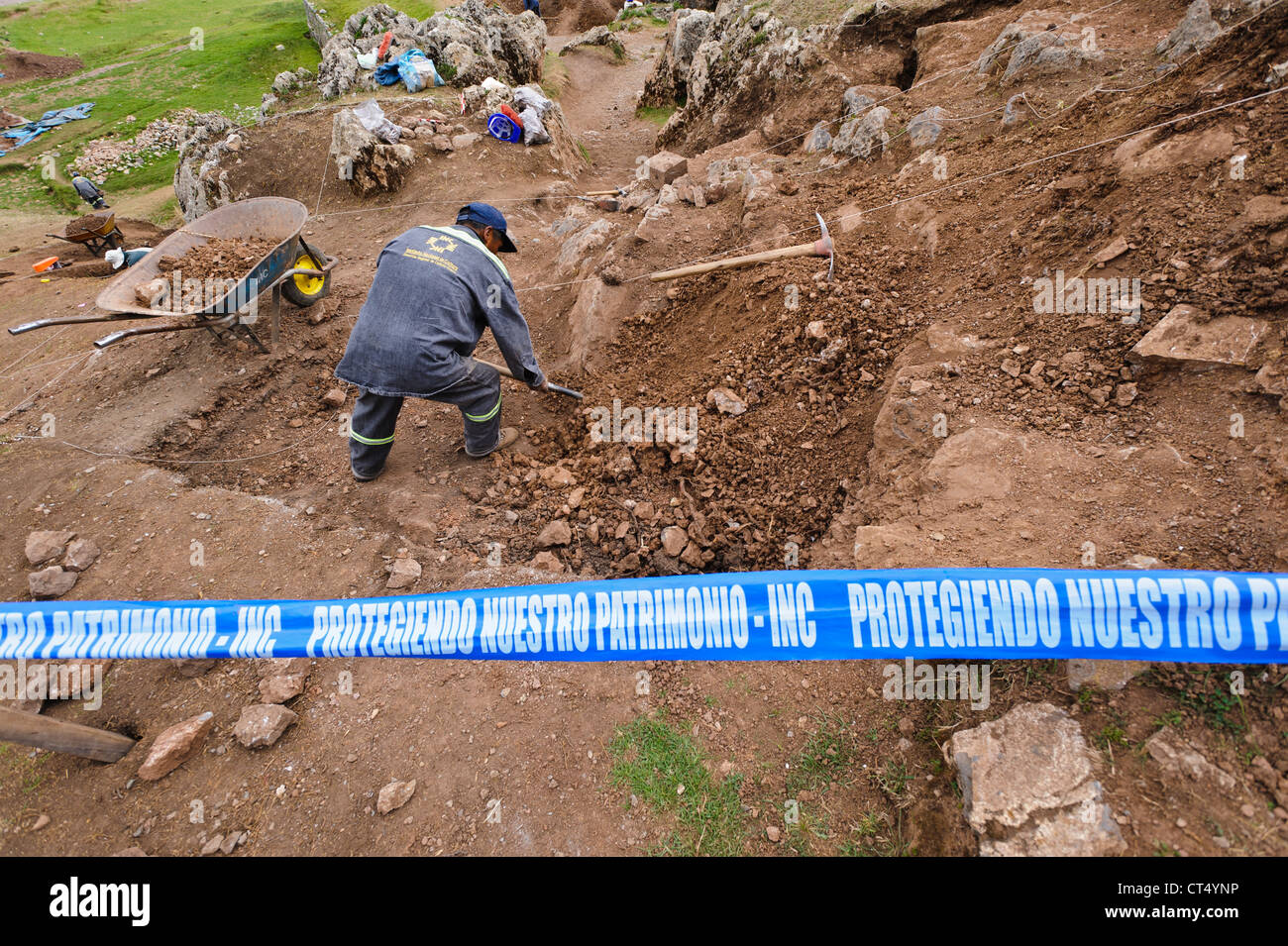Excavation and restoration work at the Inca ruins of Sacsayhuamán ...