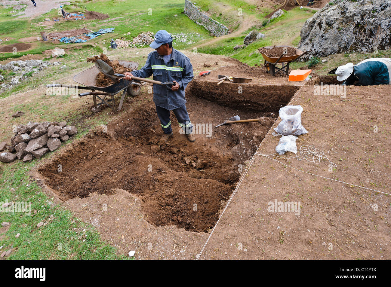 Excavation and restoration work at the Inca ruins of Sacsayhuamán ...