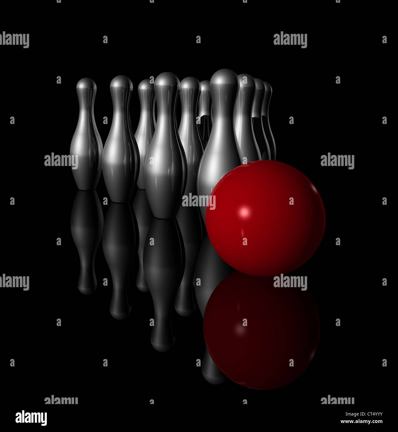 ten metal bowling skittles and red ball on black background - three ...