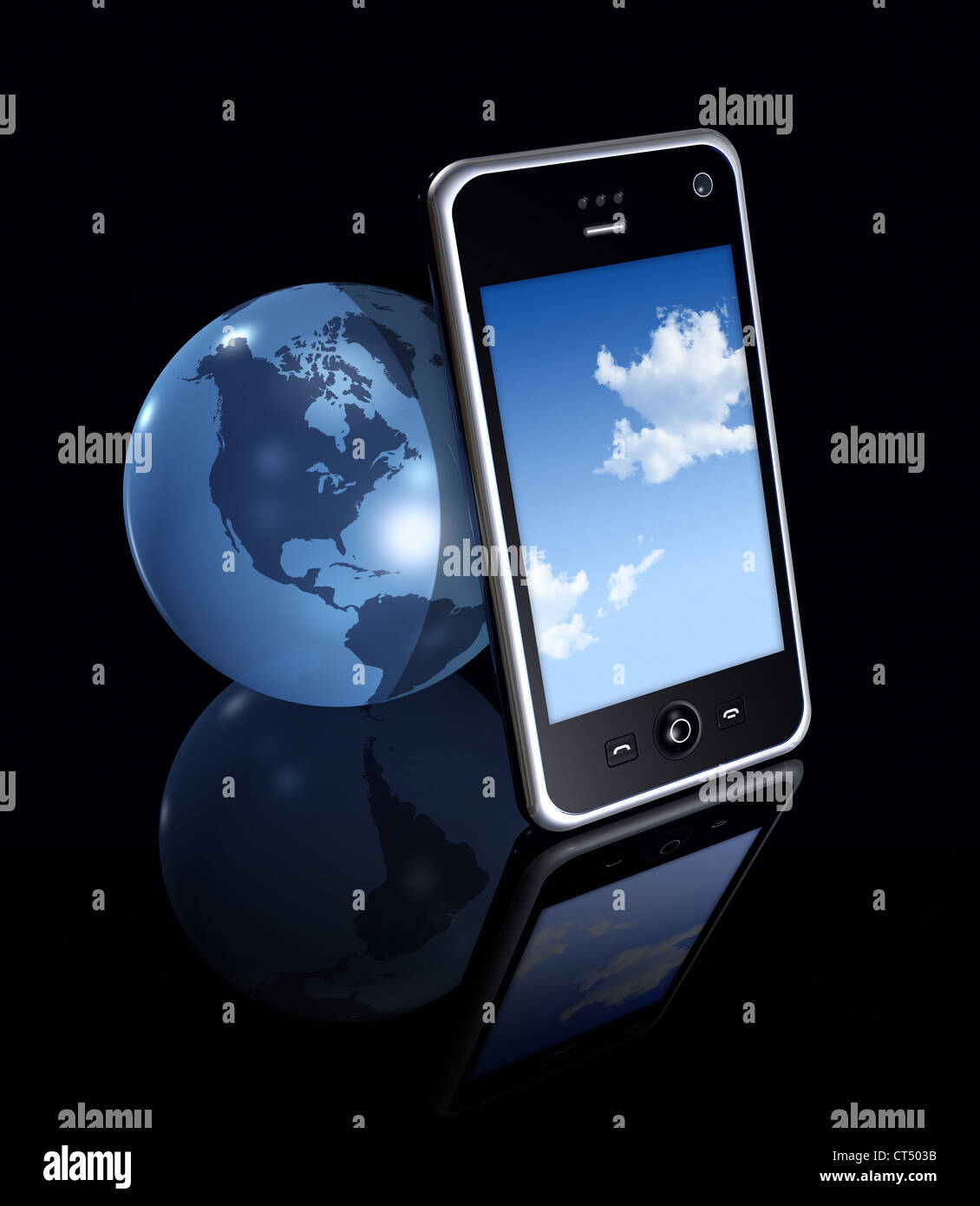 three dimensional mobile phone and earth globe on black background ...