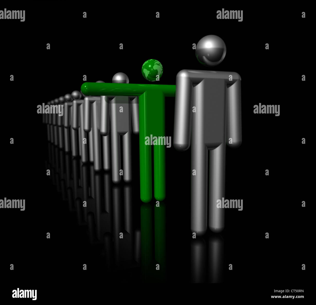 3D green man with a world globe head between grey people - ecology ...