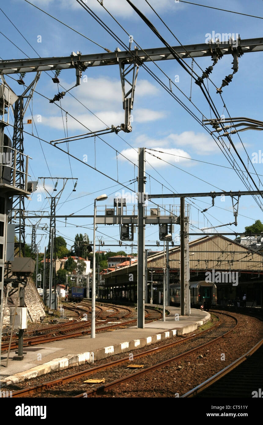 catenary and power lines in a railway station Stock Photo - Alamy