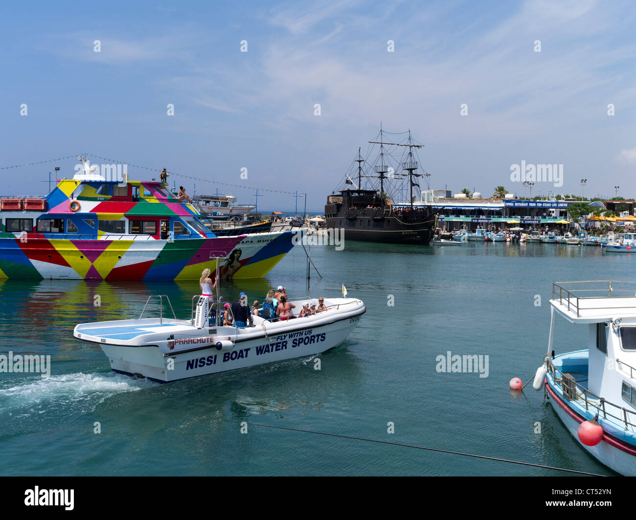 dh Liminaki harbour AYIA NAPA CYPRUS Cypriot water sports boat arriving ...