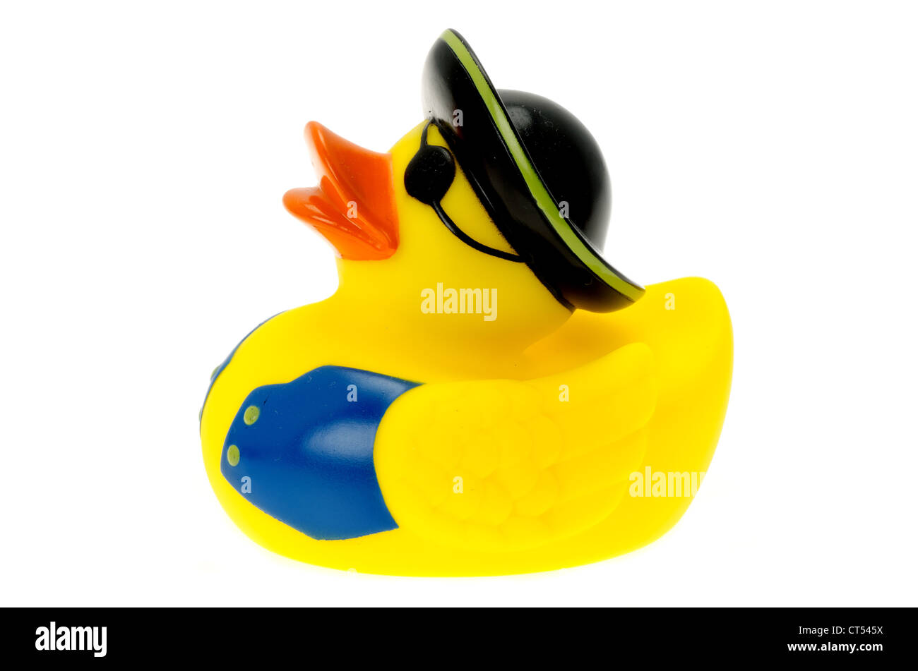 A rubber duck dressed like a pirate - studio shot with a white ...