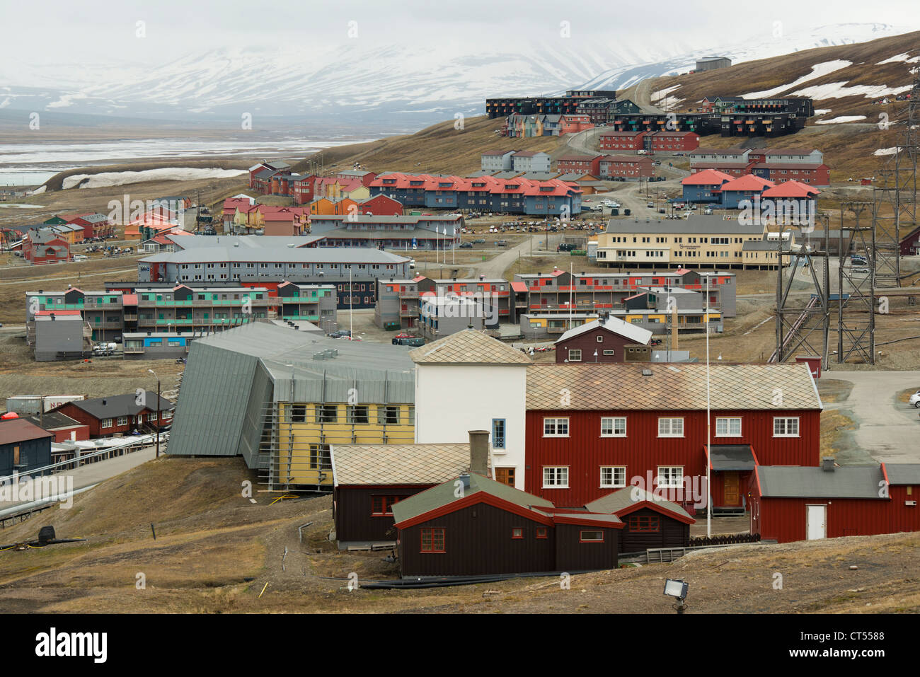 Norway, Svalbard, Longyearbyen, busy arctic town with long coal-mining ...