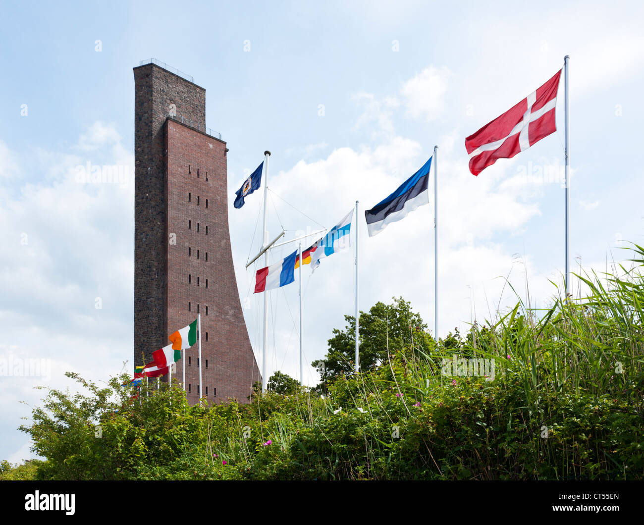 Naval memorial at Laboe, Bay of Kiel, Germany with flags of baltic ...