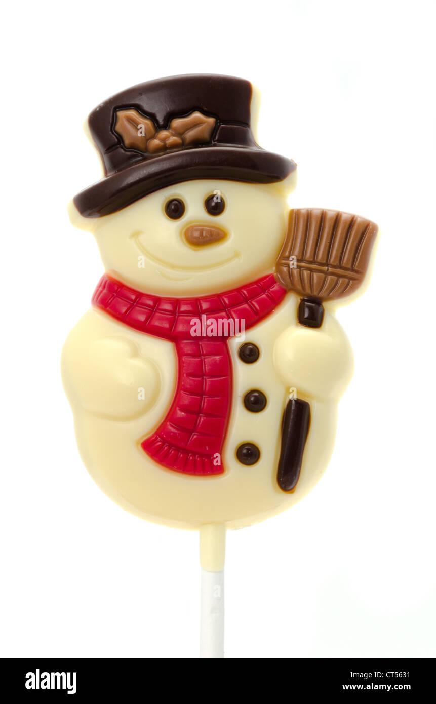 White chocolate Christmas snowman lolly - studio shot with a white ...