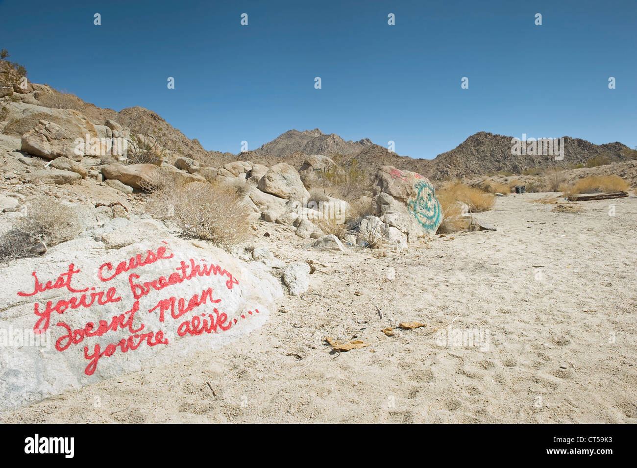 Graffiti covered rocks in the Mojave Desert, California,USA. "Just ...