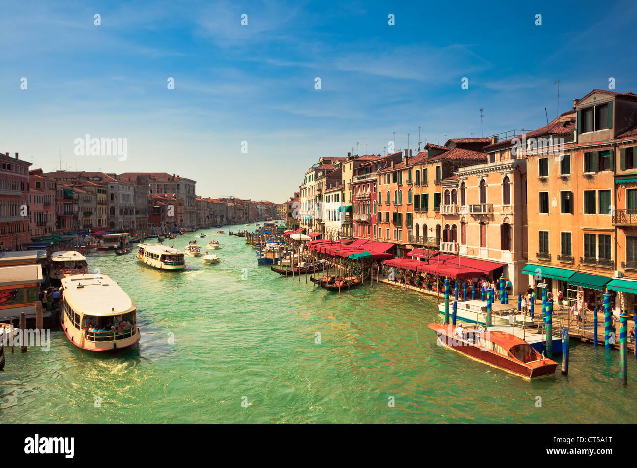 Colorful view on the famous Grand Canal from Rialto bridge in Venice ...