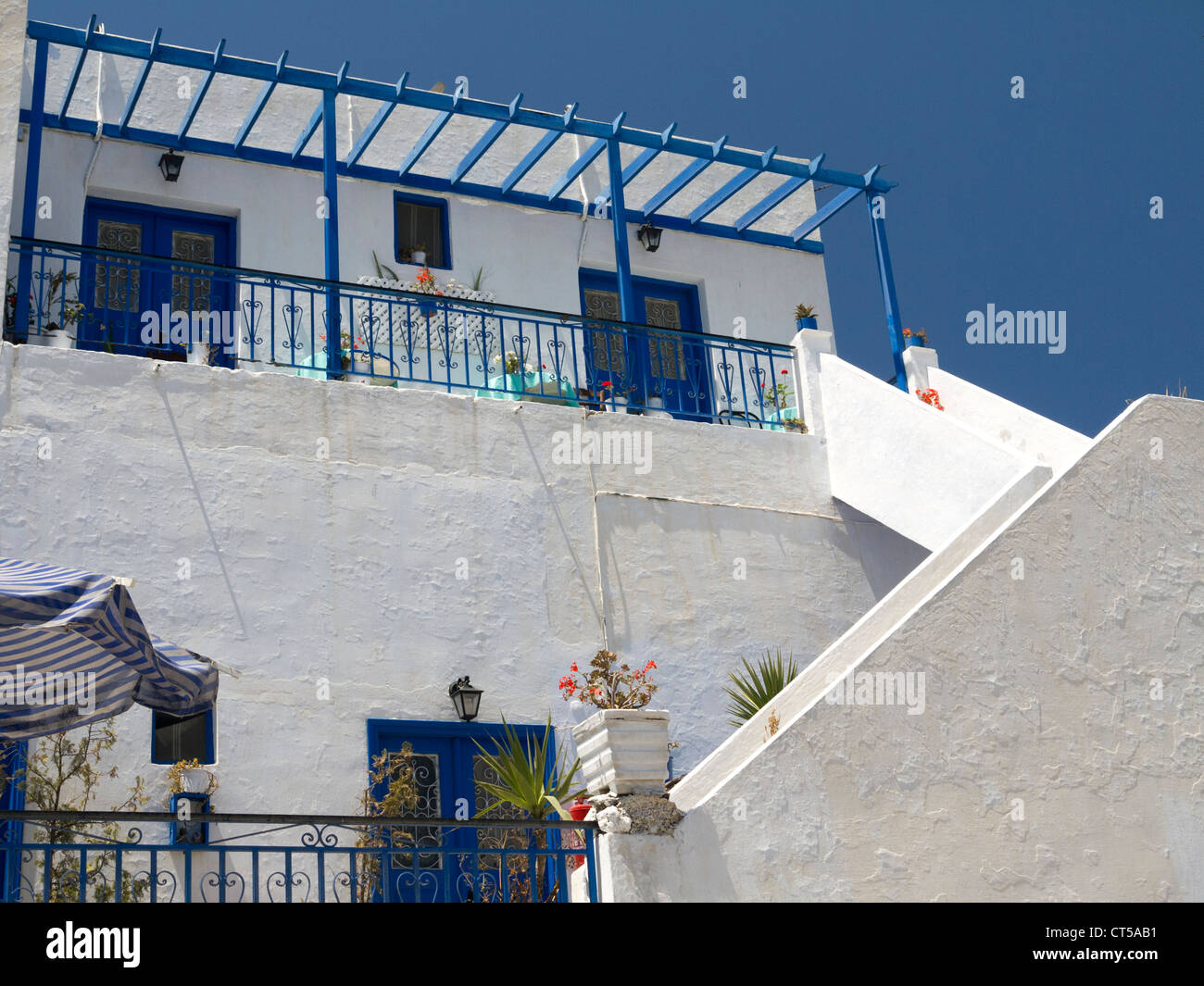 Blue and white building in Fira the Capital town on the island of ...