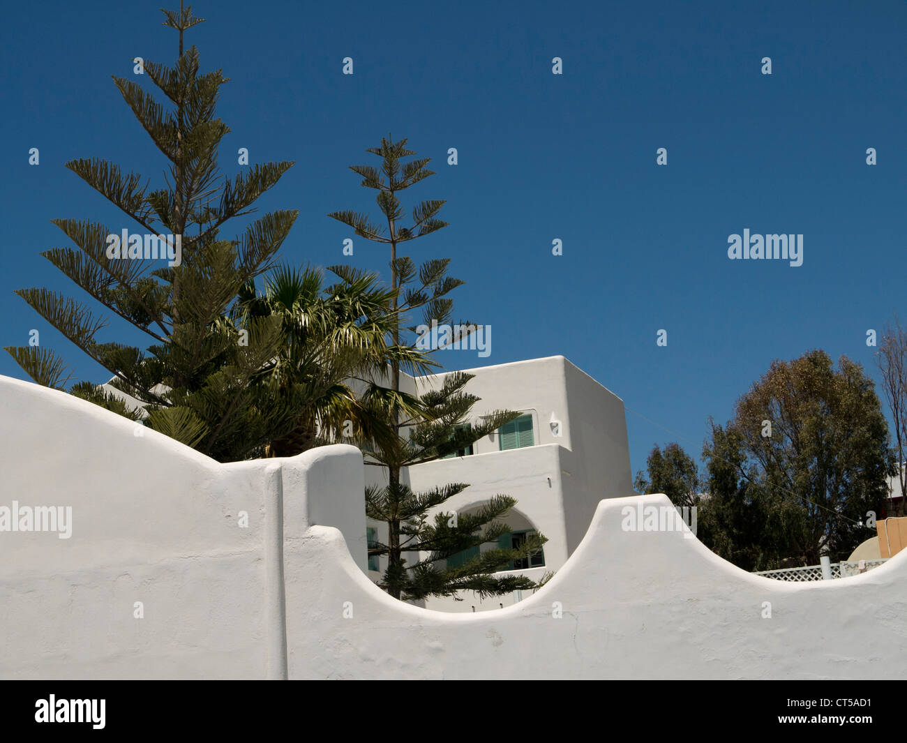 White building in Fira the Capital town on the island of Santorini in ...