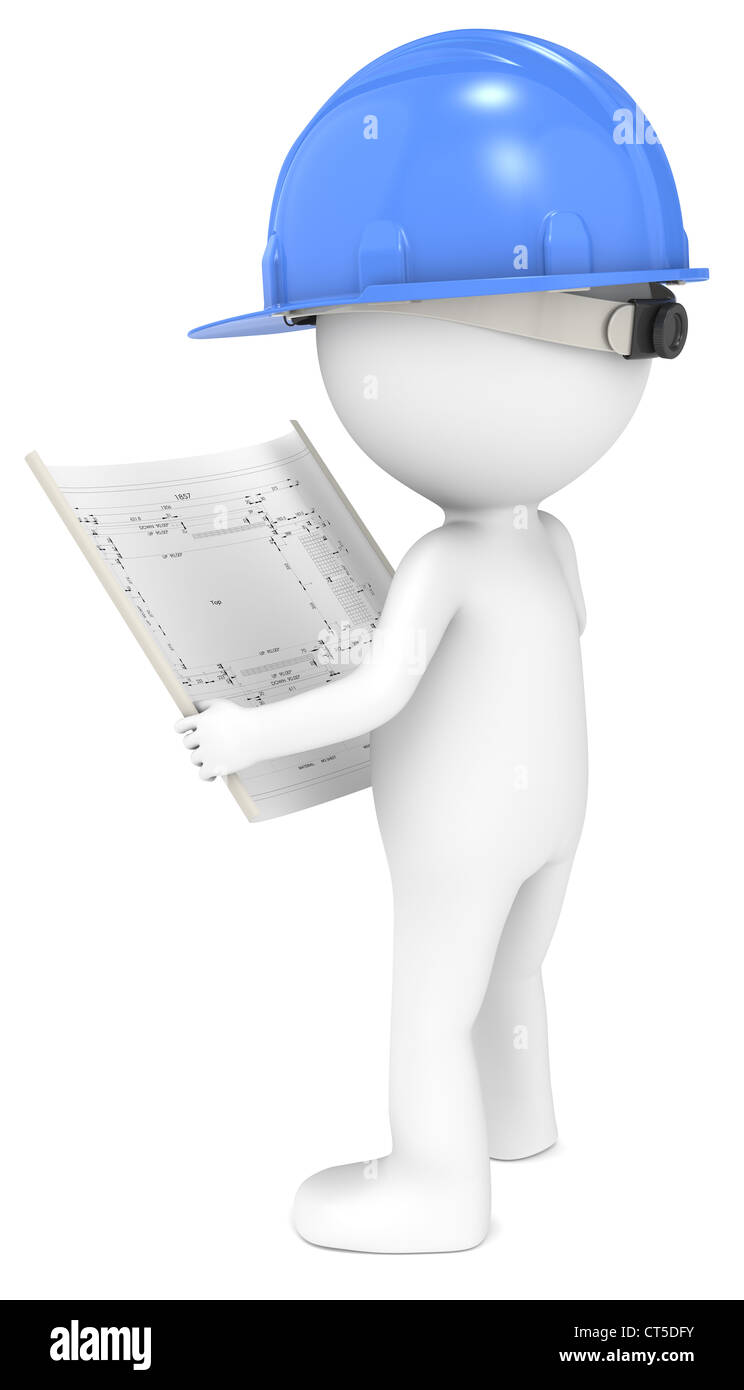3D little human character The Builder looking at a blueprint. Back view ...