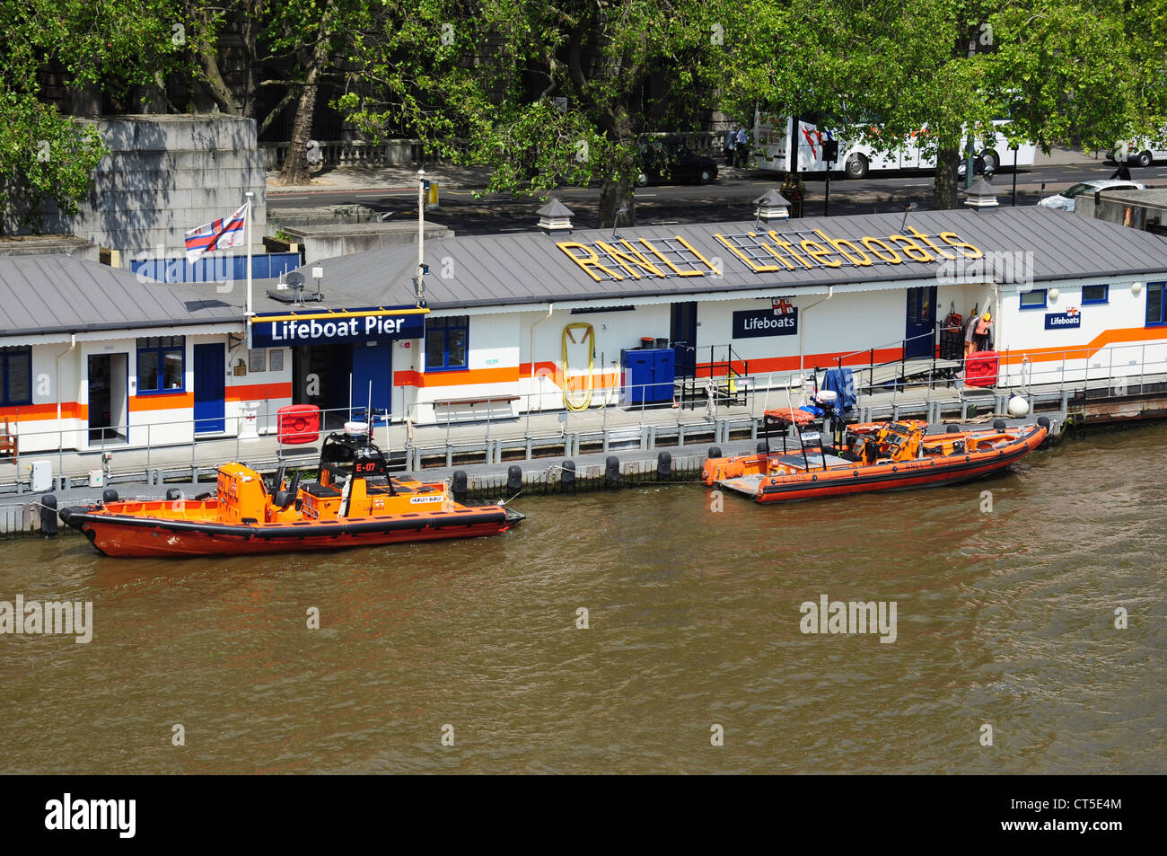 RNLI lifeboat mooring, north bank of River Thames, London, England, UK ...