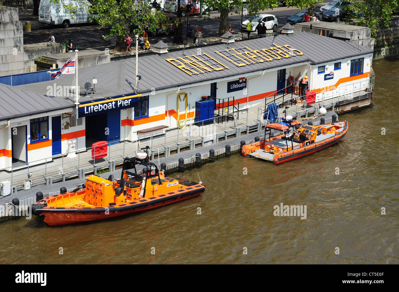 RNLI lifeboat mooring, north bank of River Thames, London, England, UK ...
