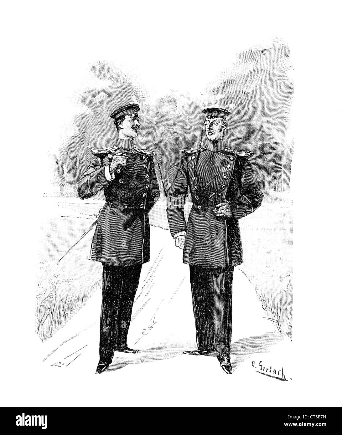 two army officers with monocle enjoying a conversation walking and ...