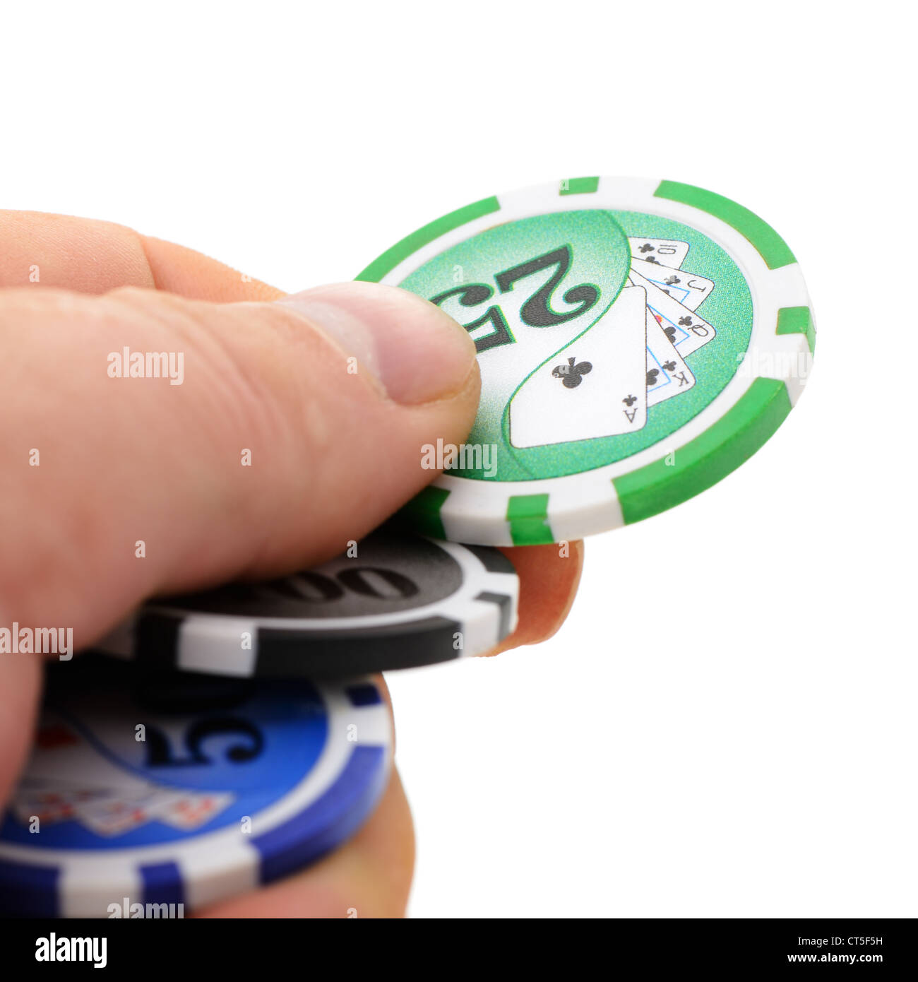 Gaming chips in hand. Isolated on white background Stock Photo - Alamy