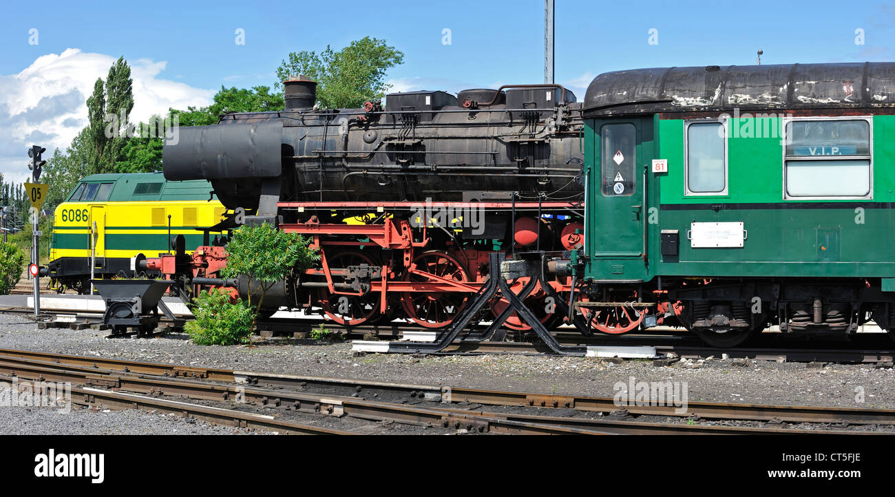 Steam train and diesel locomotive at the depot of the Chemin de Fer à ...