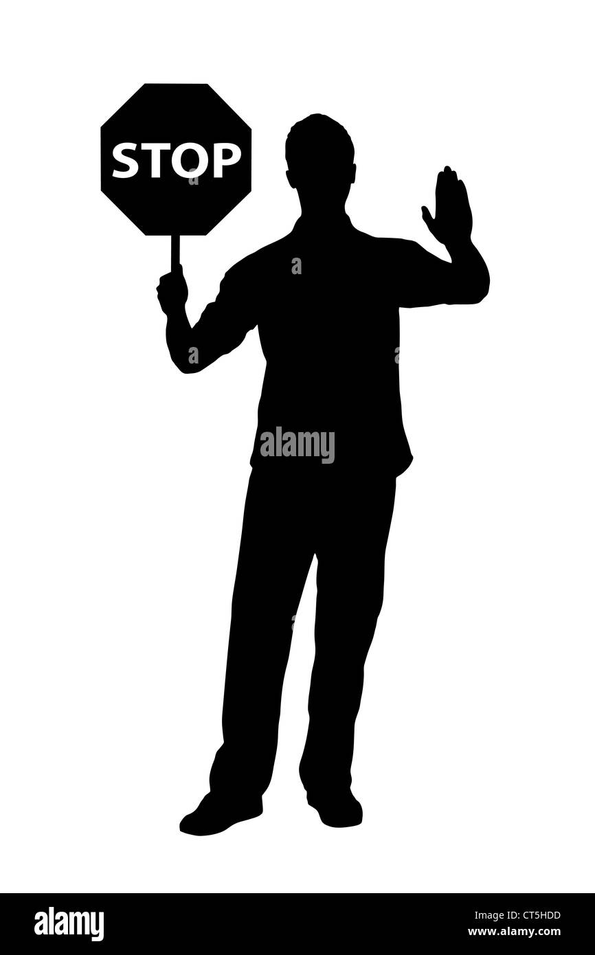 A silhouette of a full length portrait of a man gesturing and holding a ...