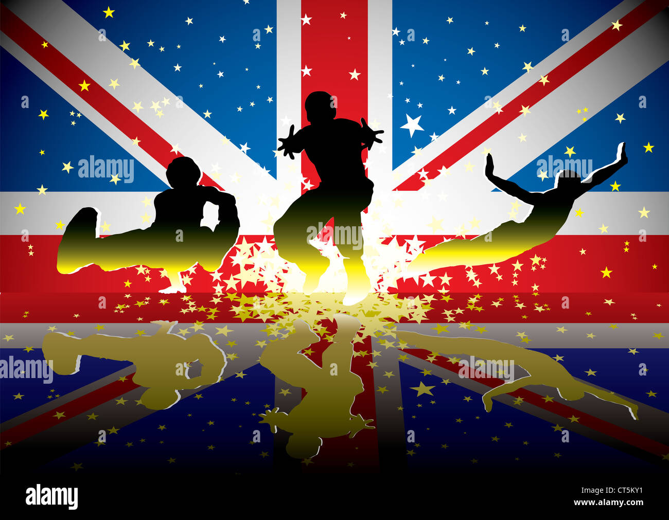 Sports people with british flag and reflection with exploding stars ...