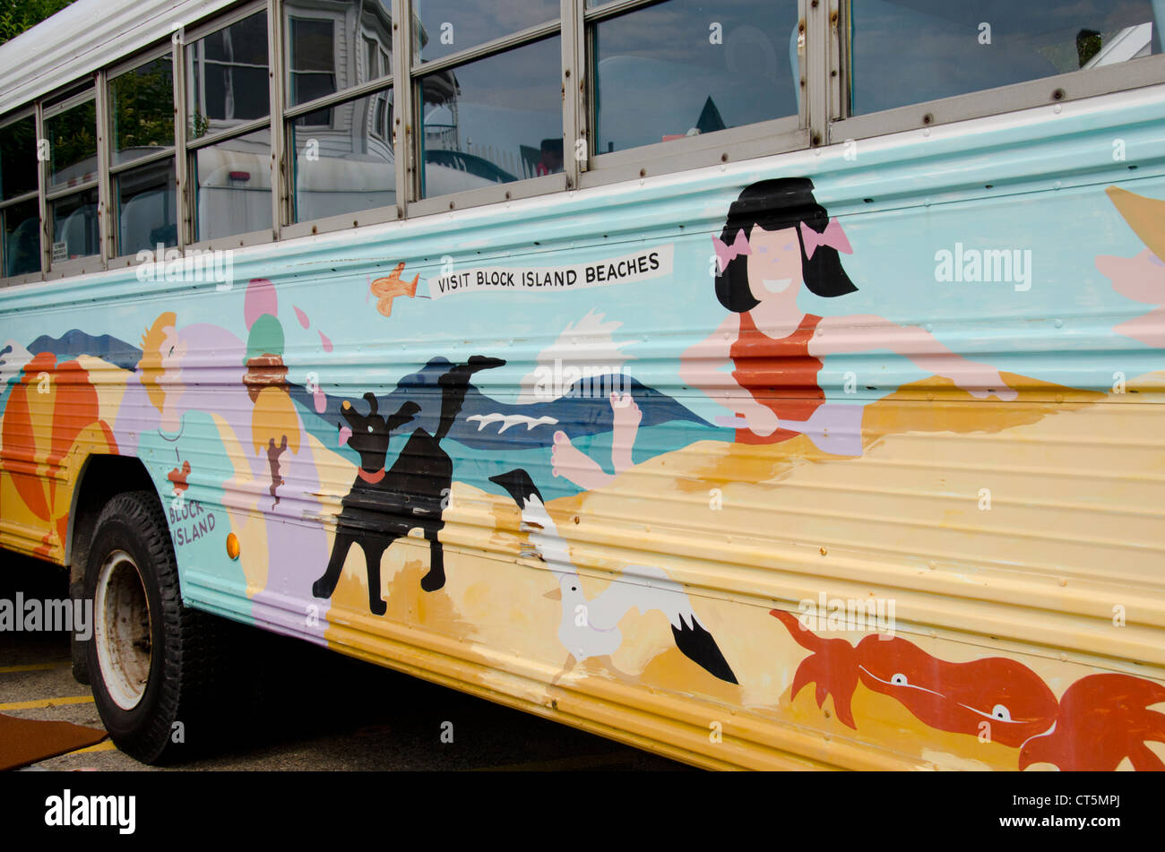 Rhode Island, Block Island. The Block Island beach bus, mural painted ...