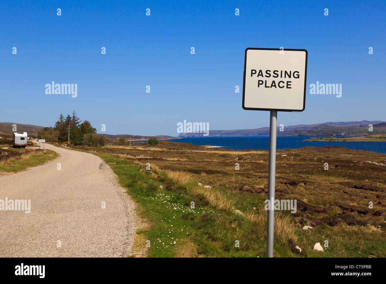 Passing place sign on single track road A838 on North and West ...