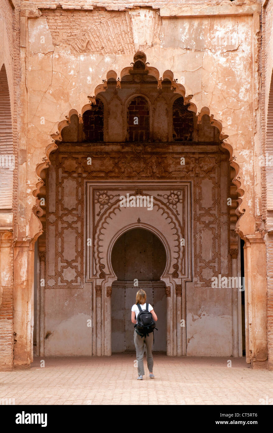 Tourist at the 12th century Tin Mal mosque, High Atlas region, Morocco ...