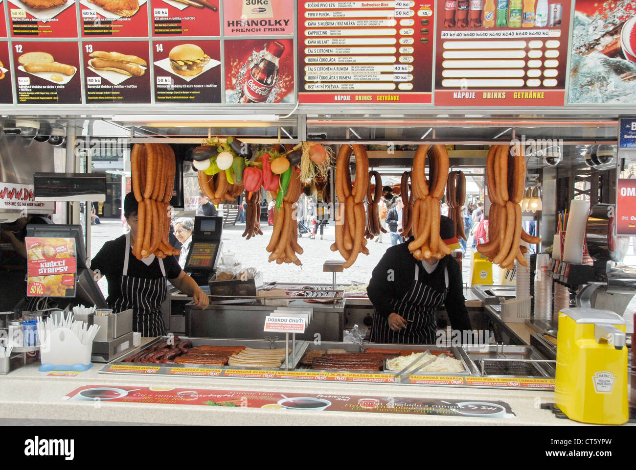 Fast food stand on Wenceslas Square, also known as Vaclavske Namesti ...