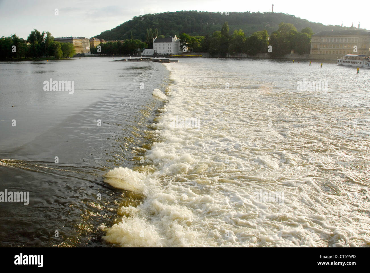 Small dam on the Vltava River as it runs through Prague, Czech Republic ...