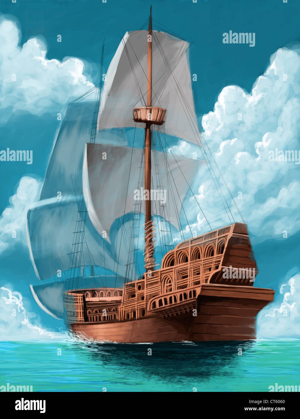 great galeon with open sails in the ocean background Stock Photo - Alamy